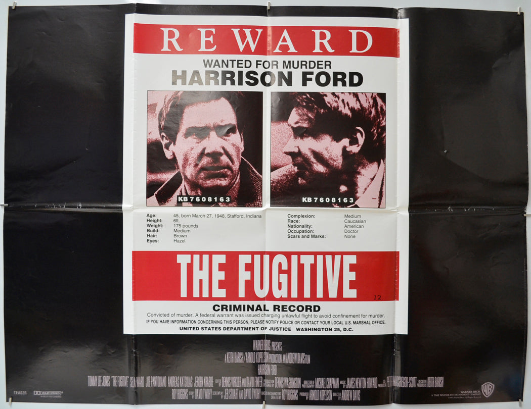 “The Fugitive” (Teaser / Advance Version) Original Quad Poster - Film ...