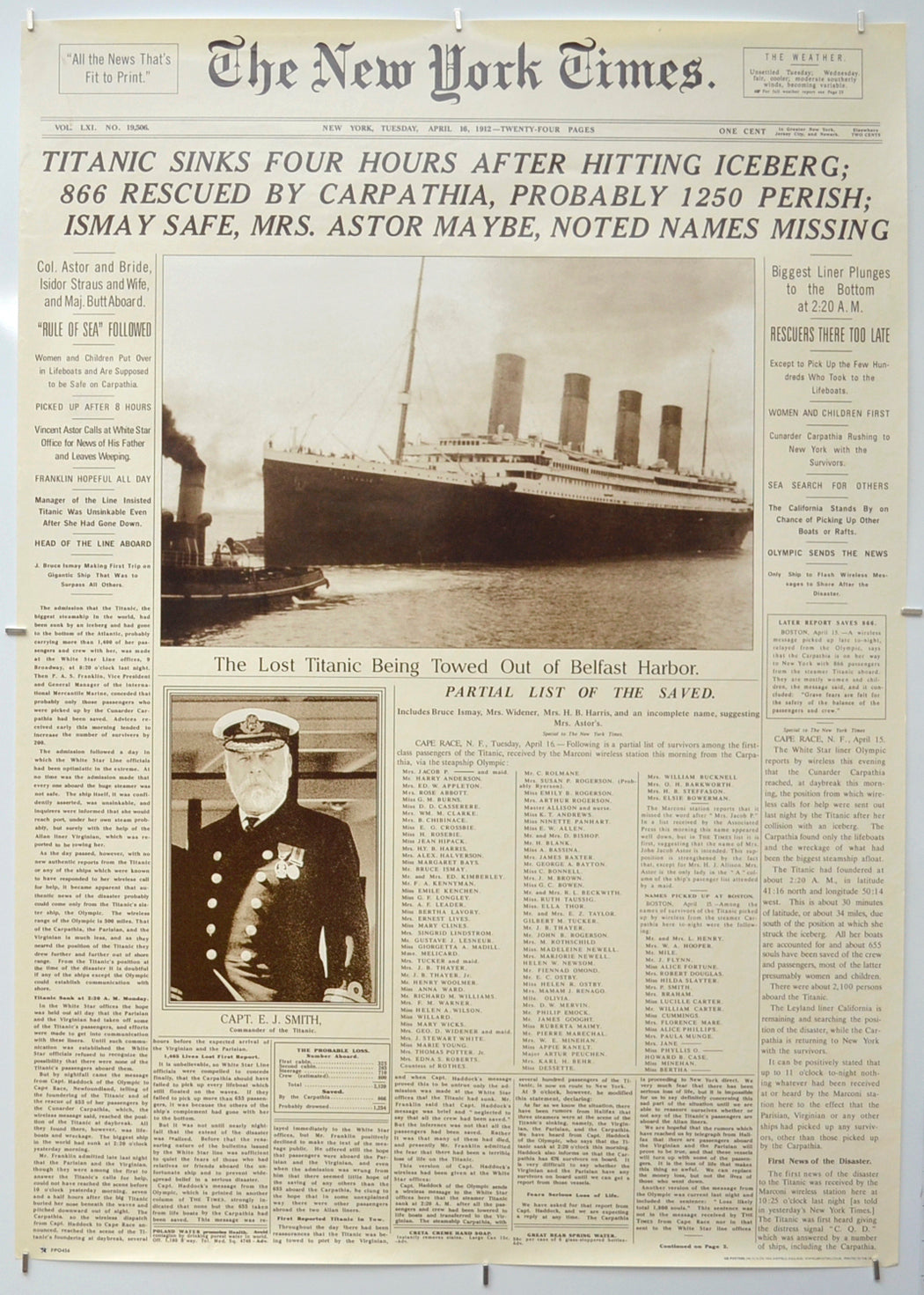 “Titanic” New York Times Front Page - Commercial/Retail Poster ...
